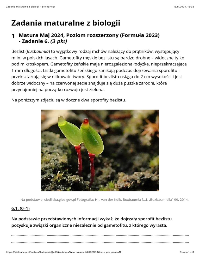 Zadania Maturalne Z Biologii - BiologHelp Rośliny | PDF