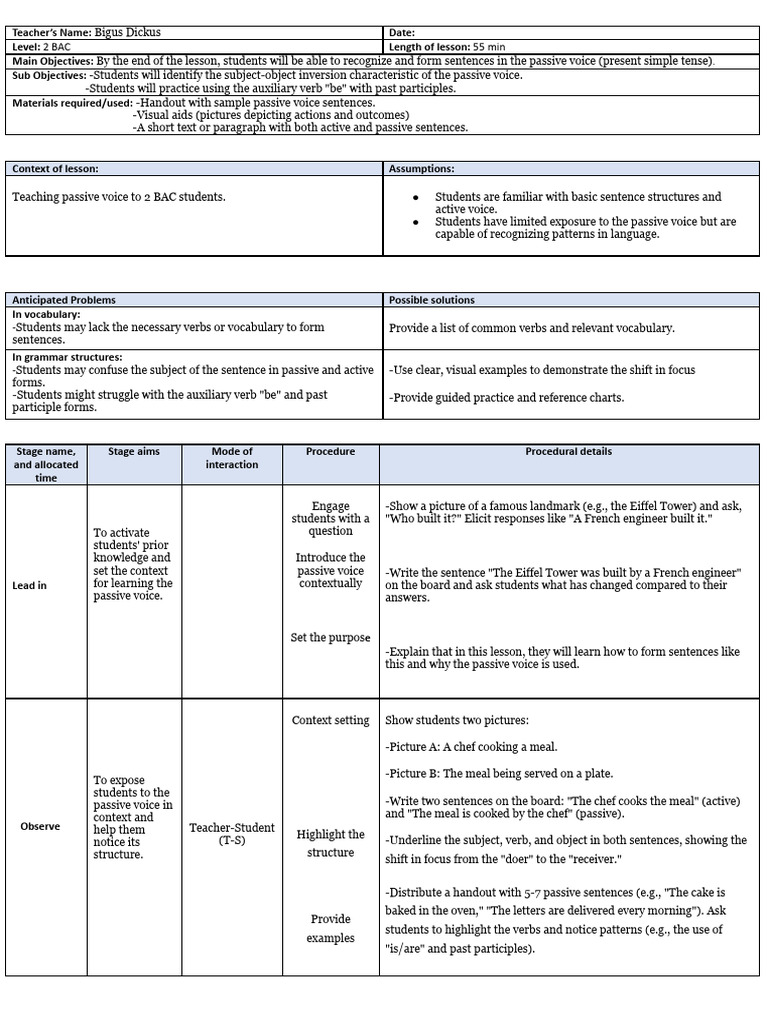 Passive Voice (Pesent Simple) AAA - CELTA Tier Lesson Plan Template | PDF