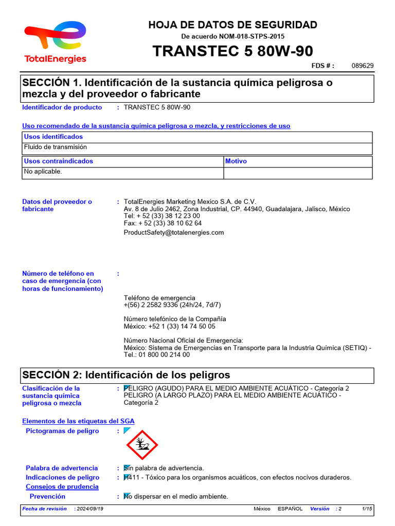TRANSTEC 5 80W-90_089629_Mexico_Spanish_20240919 | PDF | Residuos | Agua