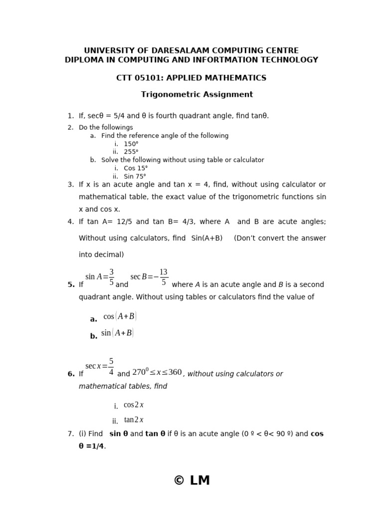 Trigonometric Assignments and Solutions | PDF