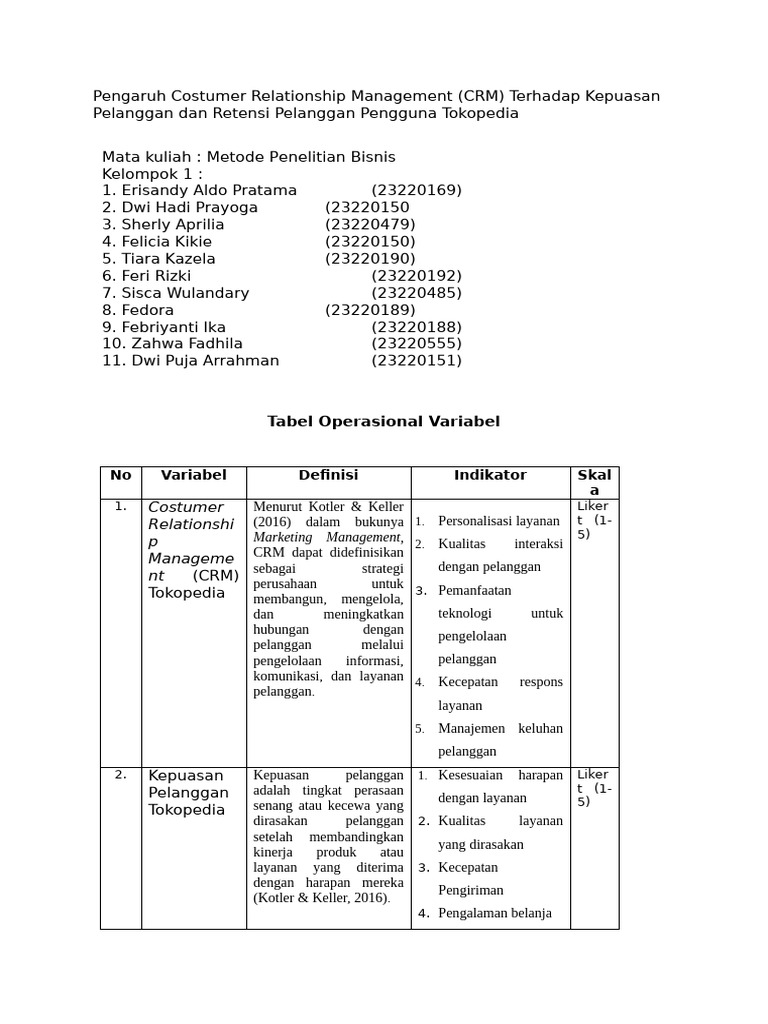 Kelompok 1 Tabel Operasional Variabel | PDF