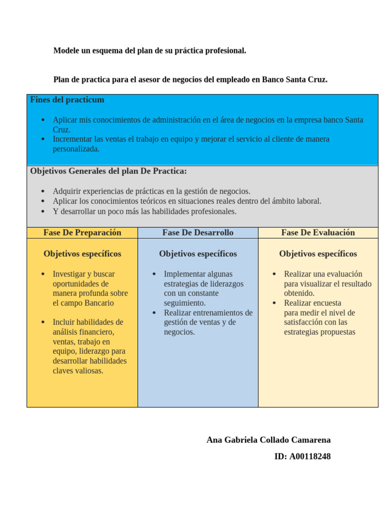 Plan de Práctica en Banco Santa Cruz | PDF | Business | Evaluación