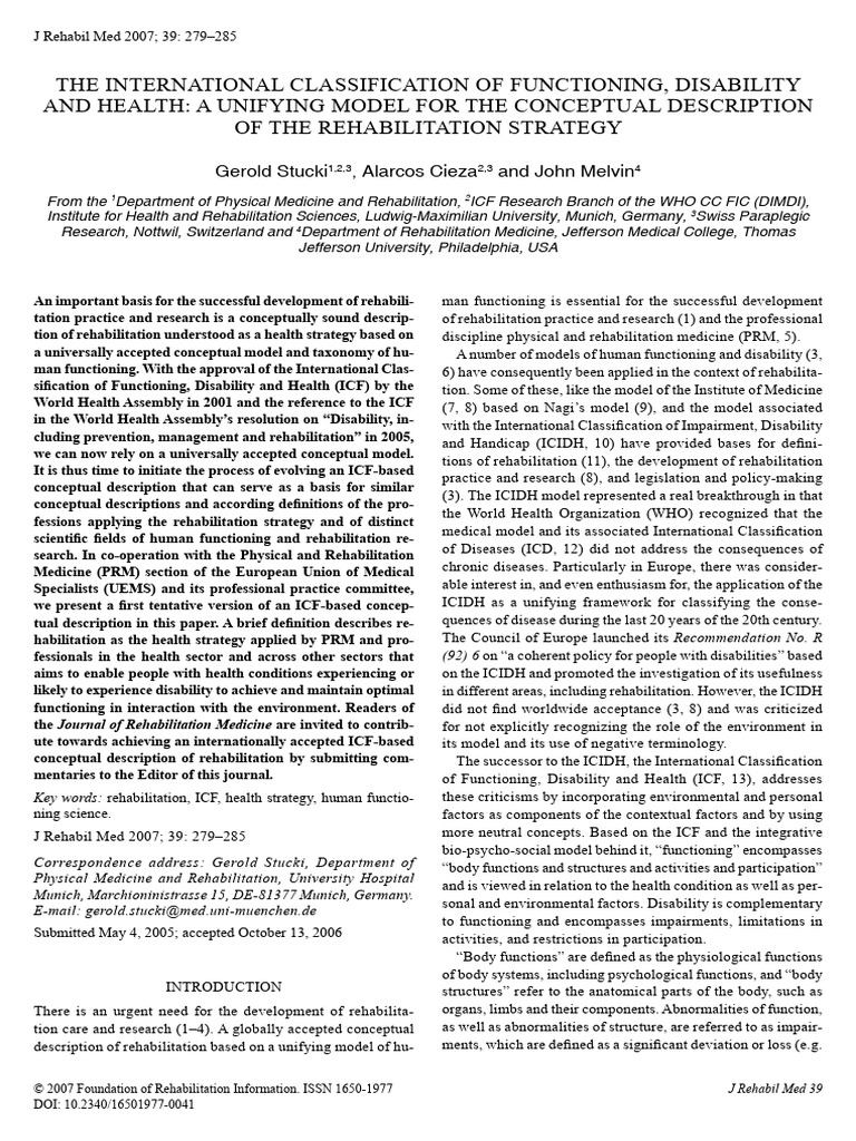 The International Classification of Functioning, Disability and Health - A Unifying Model For ...