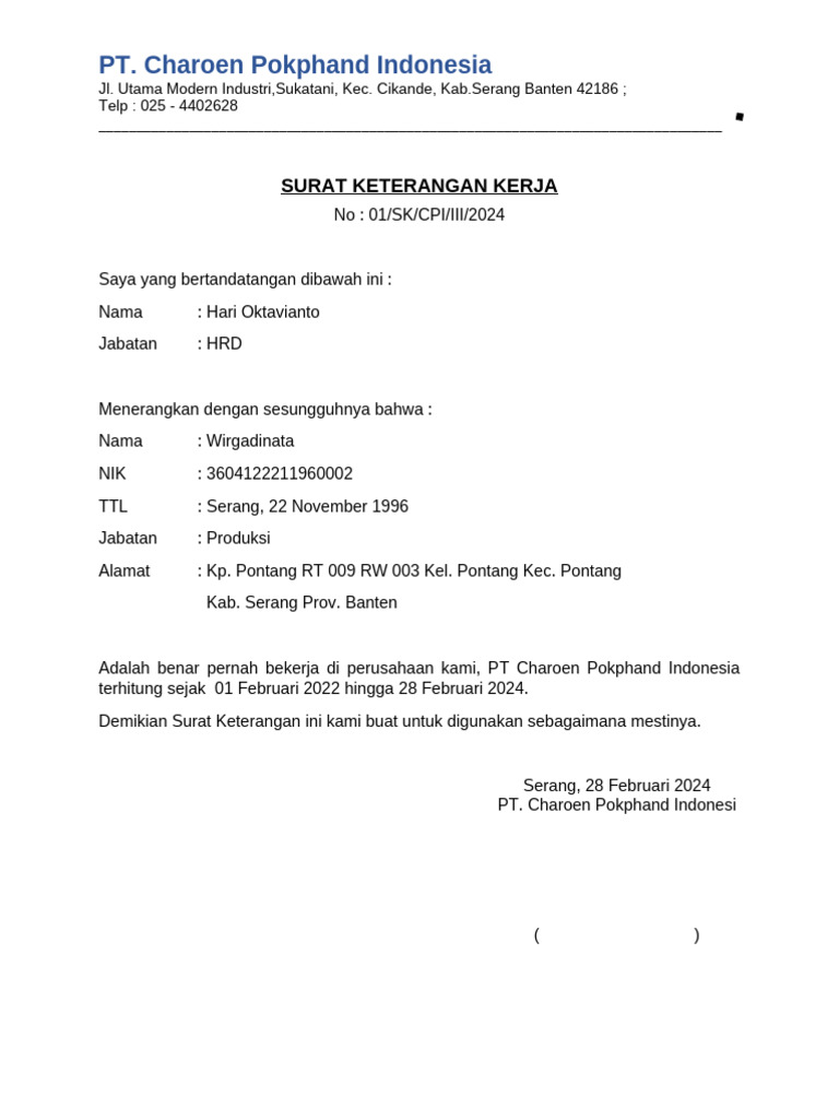 SURAT KETERANGAN KERJA WAHYU | PDF