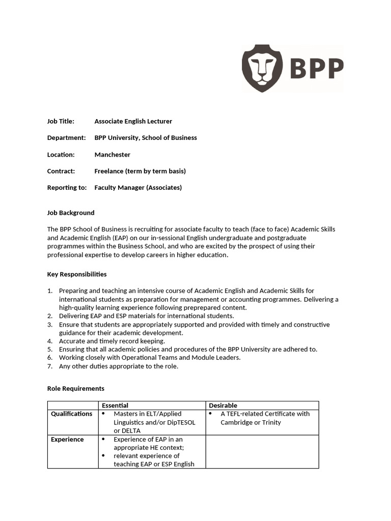 Associate English Lecturer Position at BPP | PDF | Learning | Behavior Modification