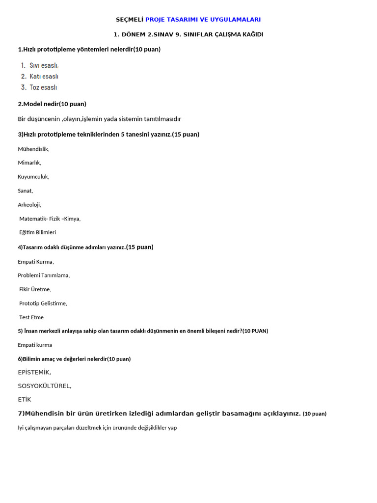 Seçmeli̇ Proje Tasarimi 1.dönem 2.sinav Çalişma Kağidi | PDF