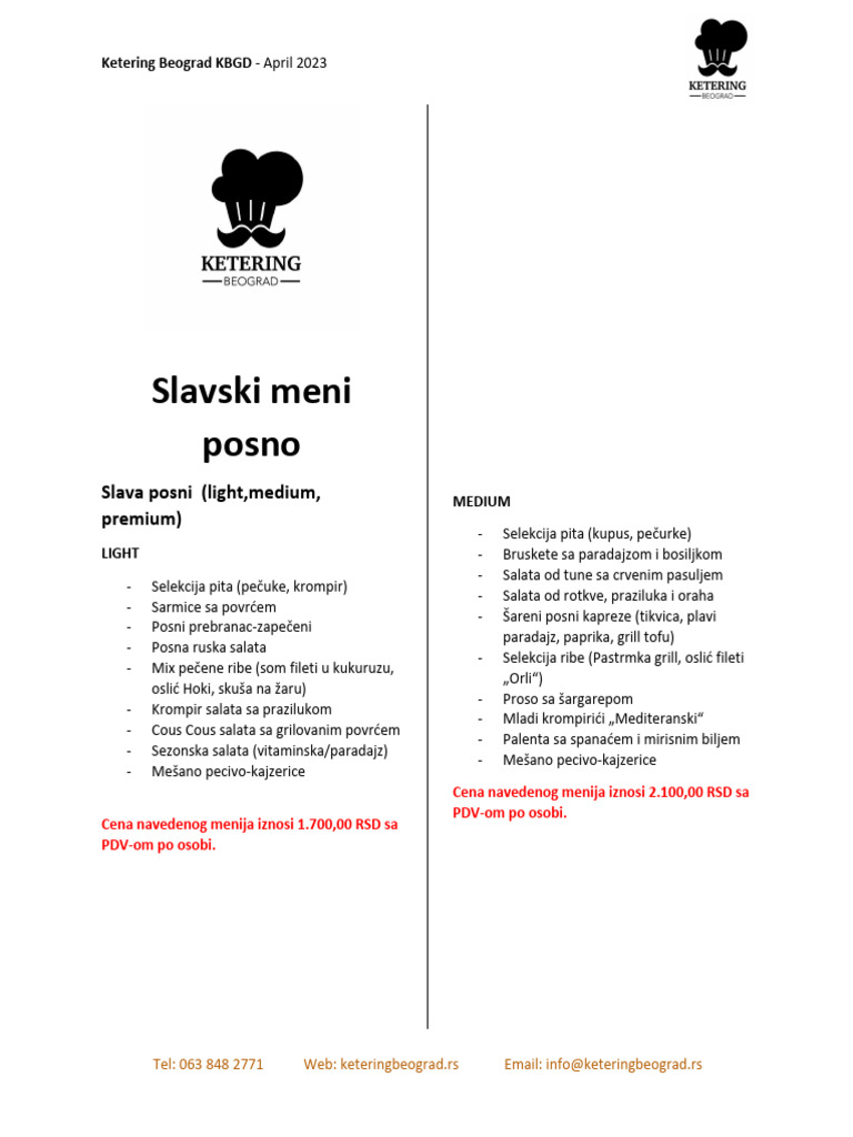 Slavski-meniji-posno-ketering-Meni-Cena-KETERING-BEOGRAD-KBGD | PDF