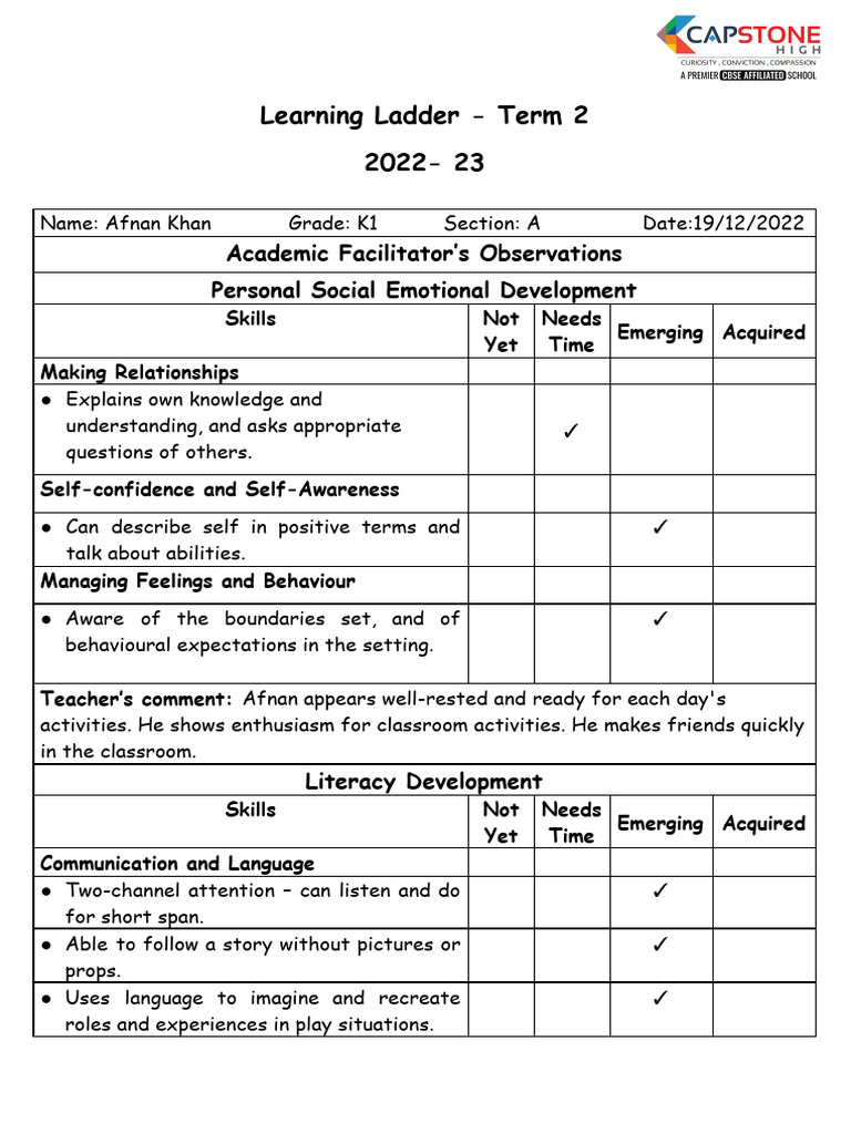 1671398497K1A SA2 Report Card | PDF | Cognition | Learning