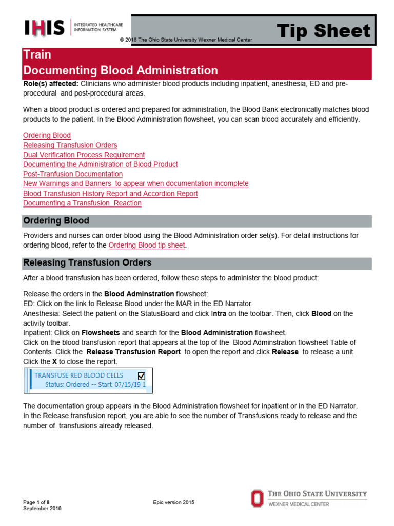 Documenting Blood Administration Tip Sheet | PDF | Blood Transfusion | Blood Type