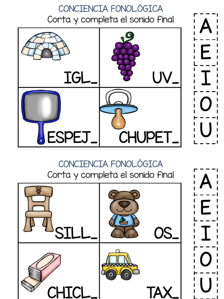 Conciencia Fonológica Vamos A Jugar Con El Sonido Final VOCAL | PDF