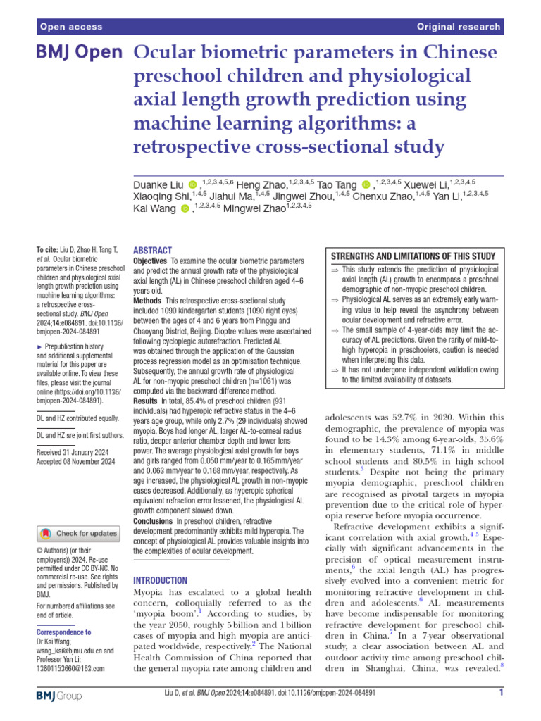 Ocular Biometric Parameters in Chinese Preschool C | PDF | Myopia ...