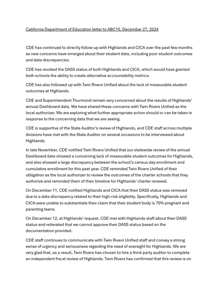 CDE December Letter To ABC10 | PDF