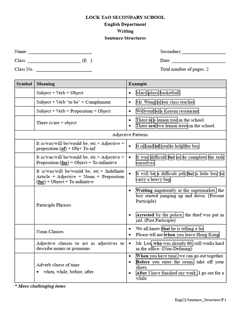 LTSS_Writing_Sentence Structure | PDF | Adjective | Verb