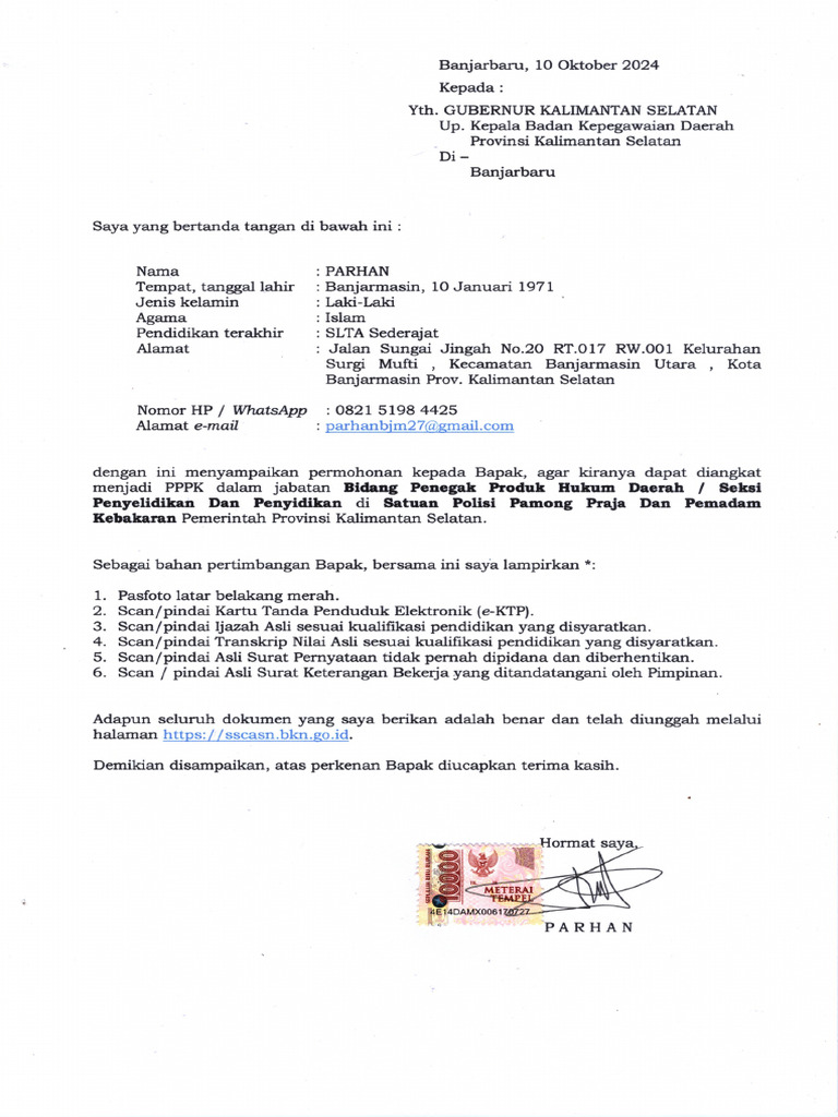 Surat Lamaran - Parhan | PDF
