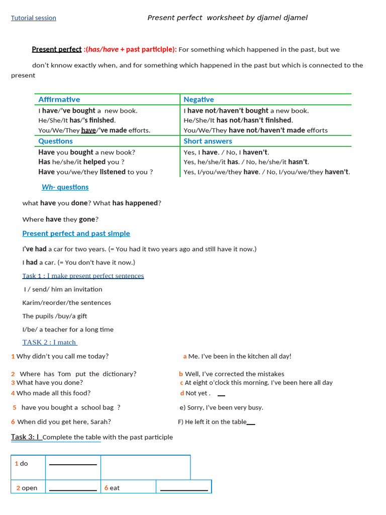 Present Perfect Worksheet - Tutorial Session by Teacher Djamal Djamal ...