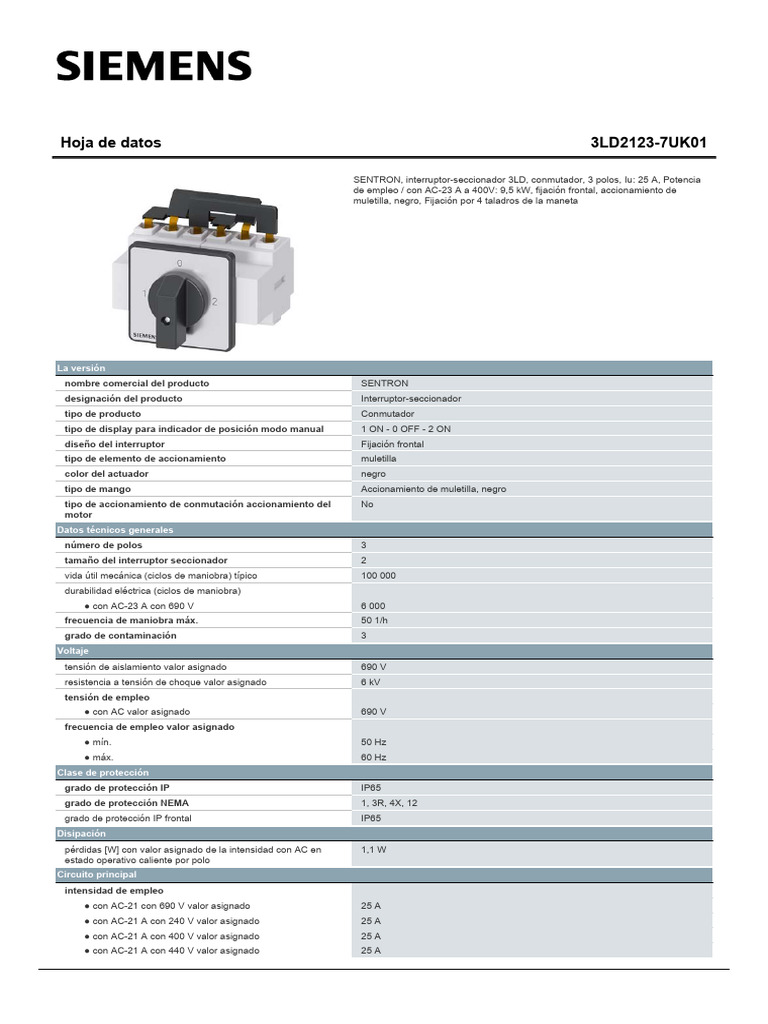 INTERRUPTOR SECCIONADOR 3LD21237UK01 - Datasheet - Es | PDF | Fusible ...