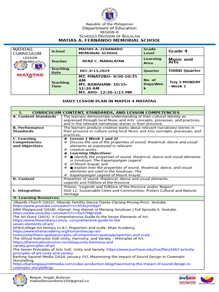 Q3 Week1 DLP Mapeh Matatag Grade 4 LPR | PDF
