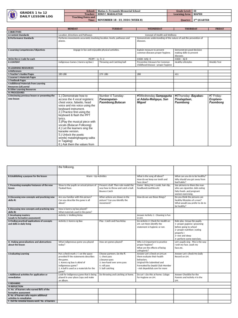 DLL_MAPEH-3_Q2_W8 | PDF | Learning