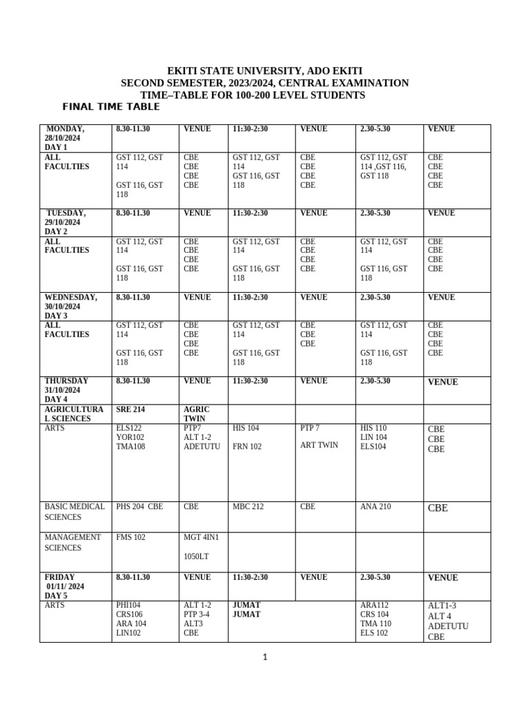 Updated Plus 100-200 Level Central 2ND Semester Time Table 2023-2024 ...