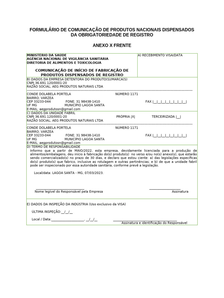 FORMULÁRIO - ANEXO ANVISA - CLAREADOR E SLIM CHÁ | PDF