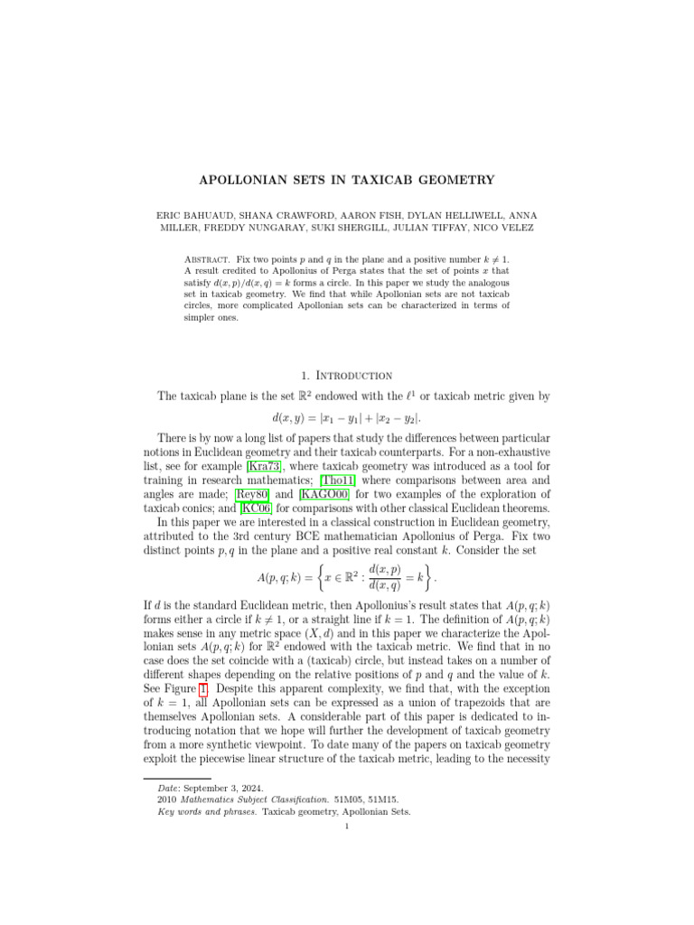 Apollonian Sets in Taxicab Geometry | PDF | Line (Geometry) | Euclidean ...