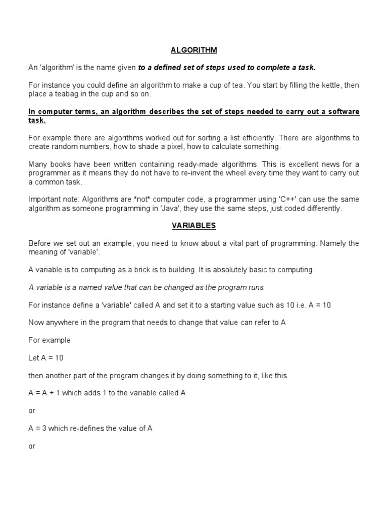 Algorithm: A Variable Is A Named Value That Can Be Changed As The ...