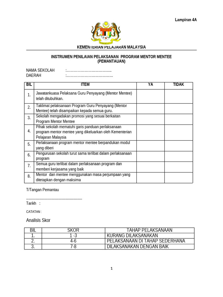 Instrumen Program Mentor Mentee Lampiramn 4A | PDF