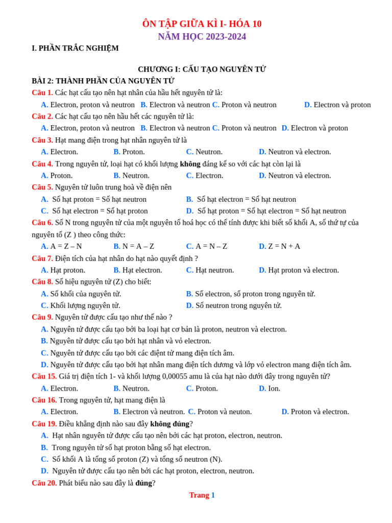 100 Cau Trac Nghiem Va Tu Luan On Tap Hoa 10 Giua HK1 Theo T NG Bài | PDF