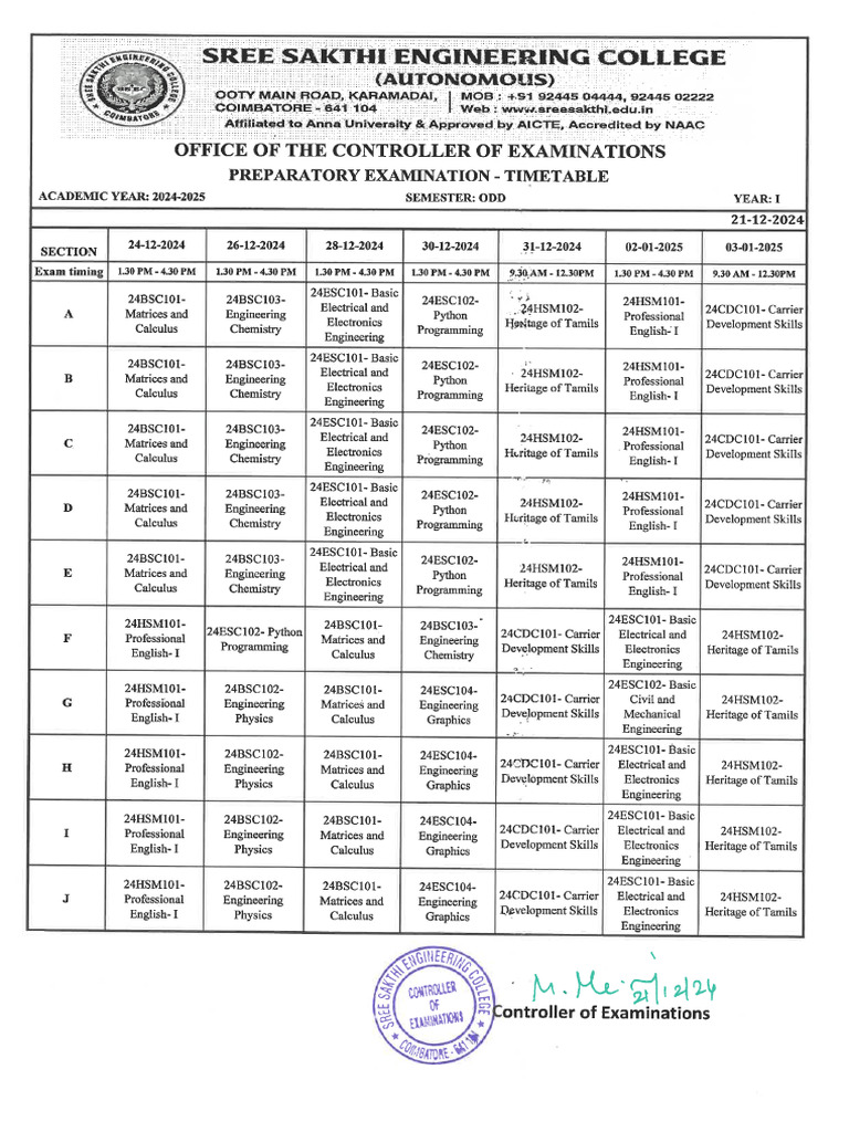 I Year Preparatory Examination Timetable - Updated | PDF