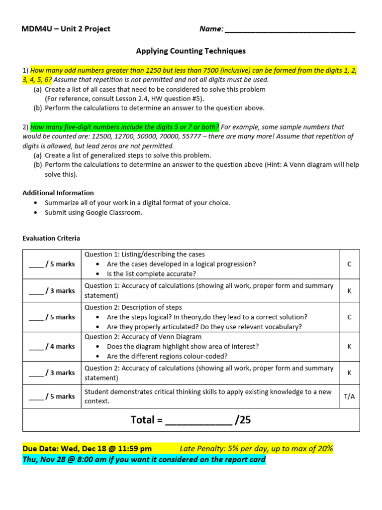 MDM4U Project 2 - Counting Question 2024 | PDF | Accuracy And Precision | Cognition