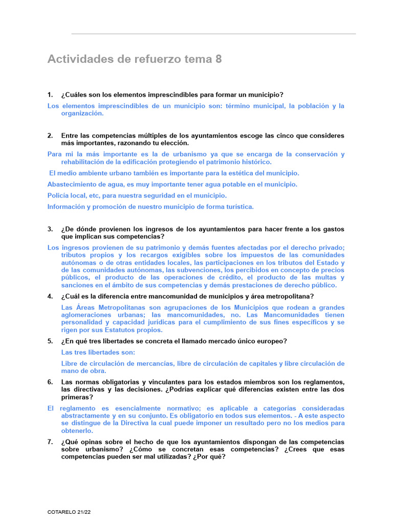 Actividades de Refuerzo Tema 8 Alumno | PDF | Alcalde | Gobierno local
