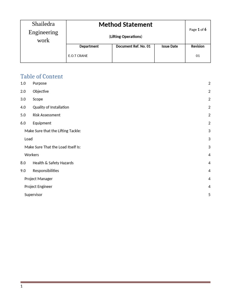 Method Statement For Lifting Operations. | PDF | Occupational Safety ...