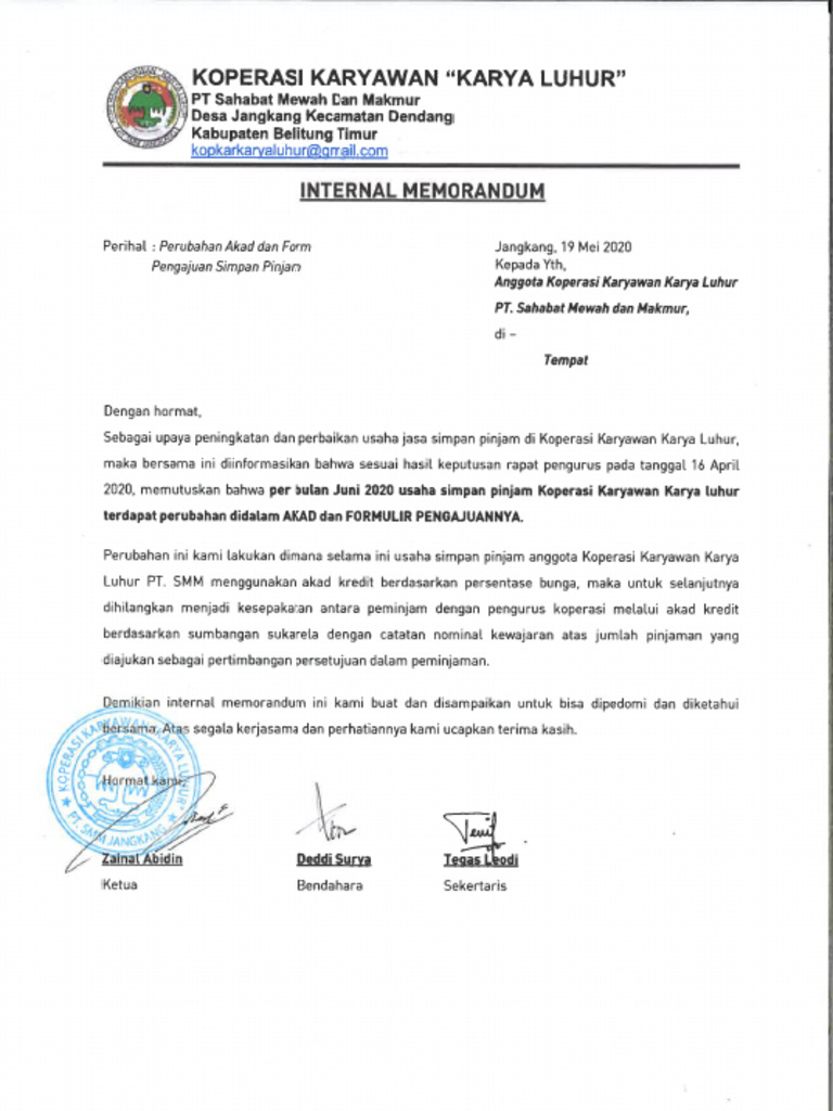 Internal Memorandum Perubahan Akad & Form pengajuan simpan pinjam | PDF