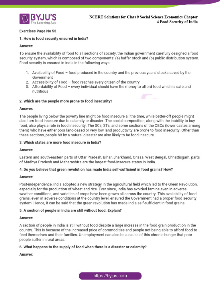 NCERT Solutions For Class 9 Economics Chapter 4 Food Security of India ...