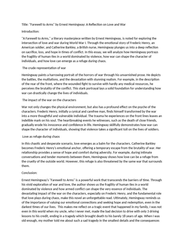 [03] A Farewell to Arms Essay--Assignment 1 | PDF | Ernest Hemingway