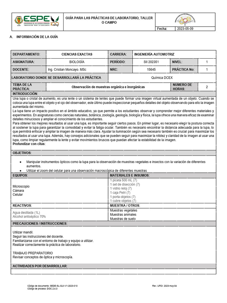 Guía de Prácticas de Biología en Laboratorio | PDF | Microscopio ...