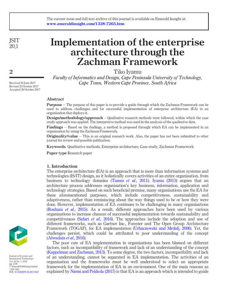 Implementation Of The Enterprise Architecture Through The Zachman Framework Pdf Enterprise