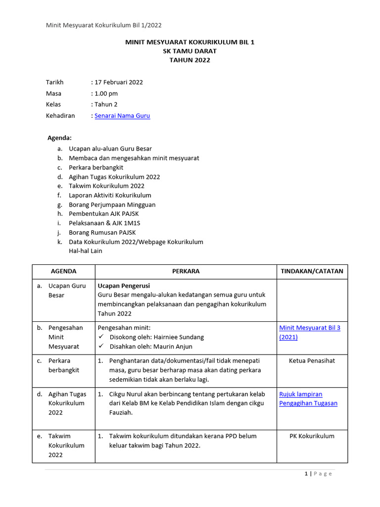 Minit Mesyuarat Kokurikulum Bil.1 (2022) | PDF