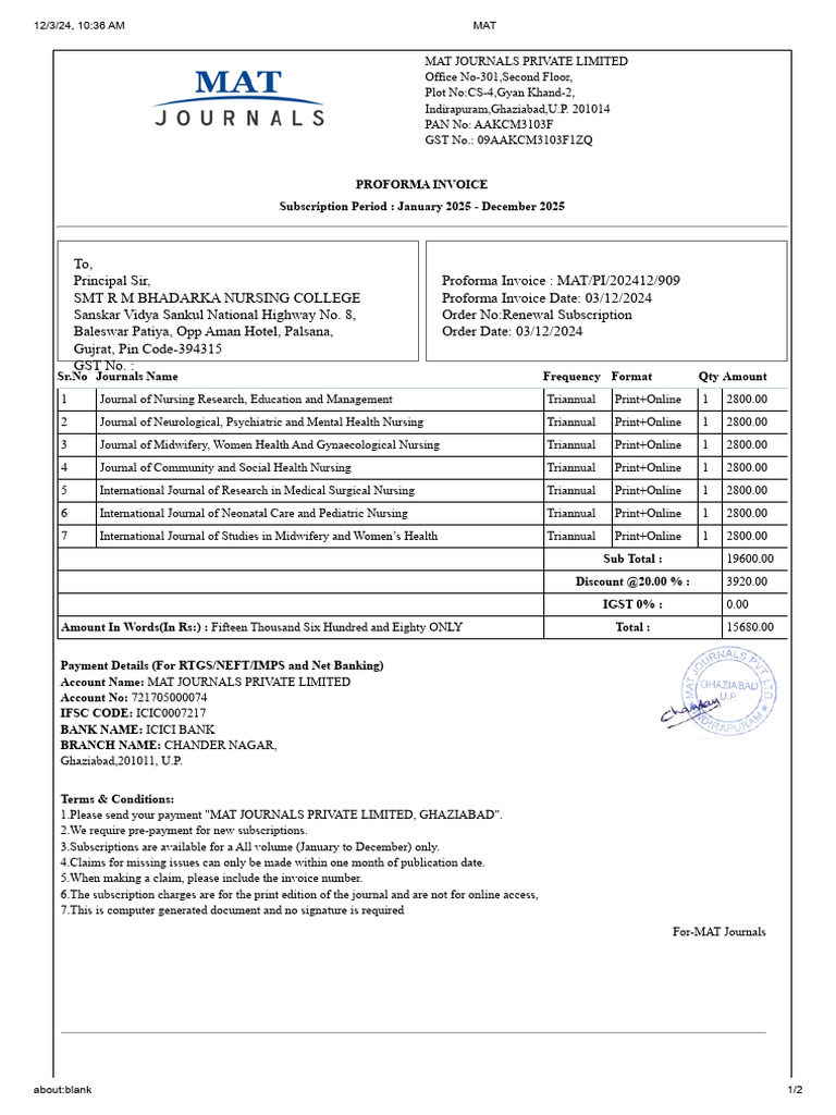 Proforma Invoice for Nursing Journals | PDF | Health Sciences | Medicine