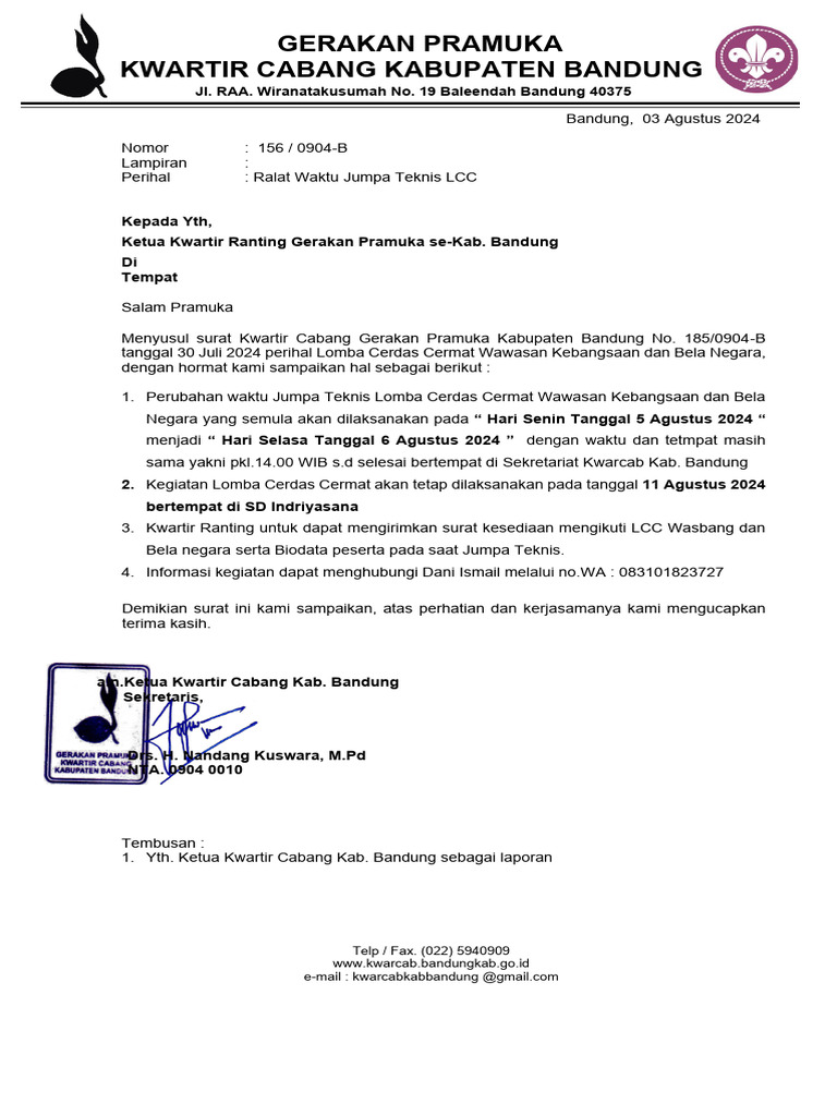 Surat Ralat Waktu Jumpa Teknis Lomba Cerdas Cermat (LCC) | PDF