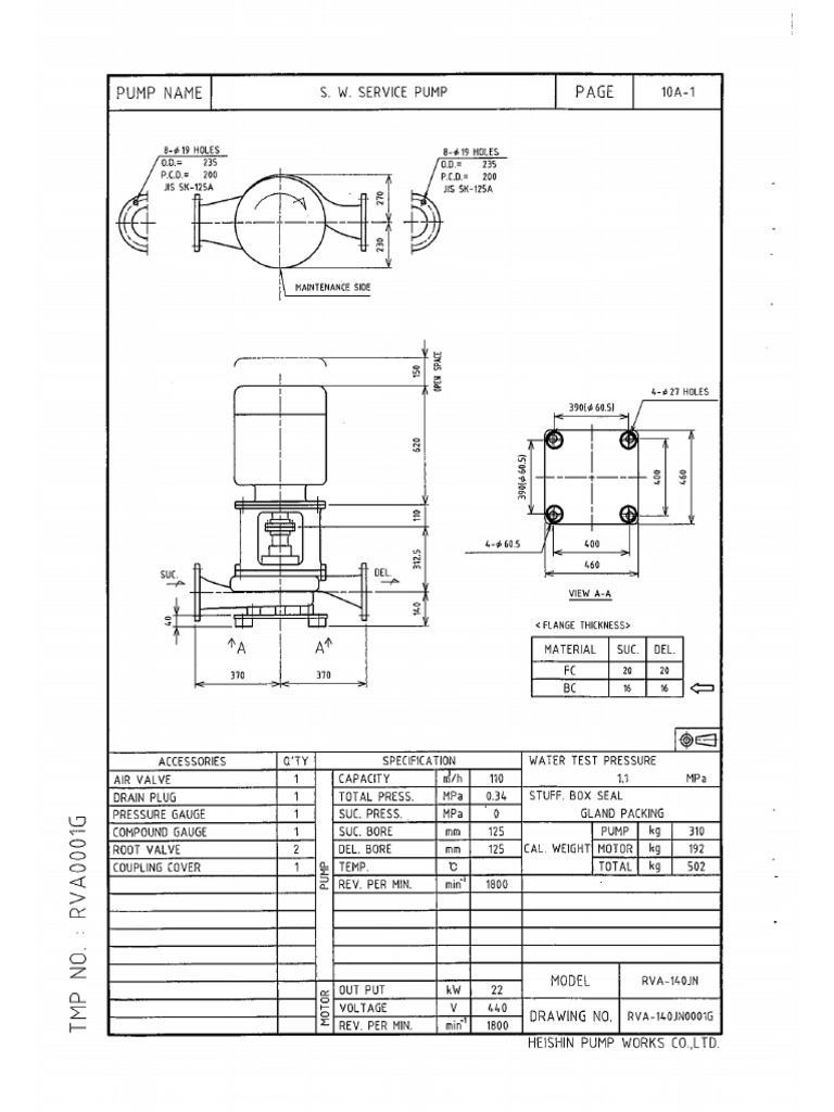 Sea Water Service Pump Drawing RVA-140JN | PDF