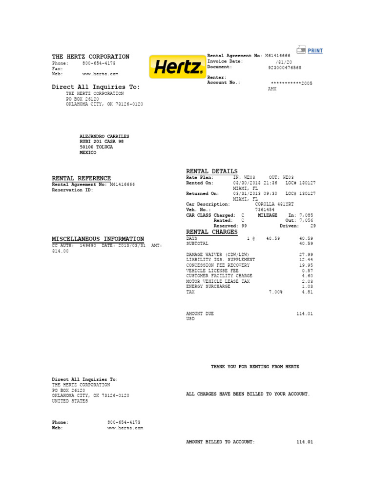 The Hertz Corporation Factura | PDF