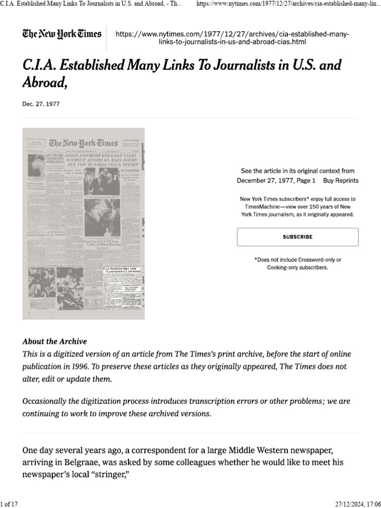 NYTimes 1977 - CIA Established Many Links To Journalists in US and ...