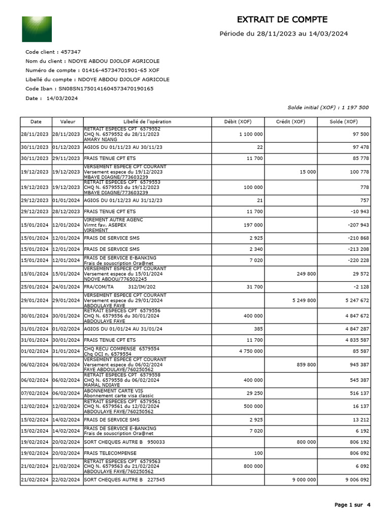 Extrait de Compte: Code Client: 457347 Nom Du Client: Ndoye Abdou Djolof Agricole | PDF
