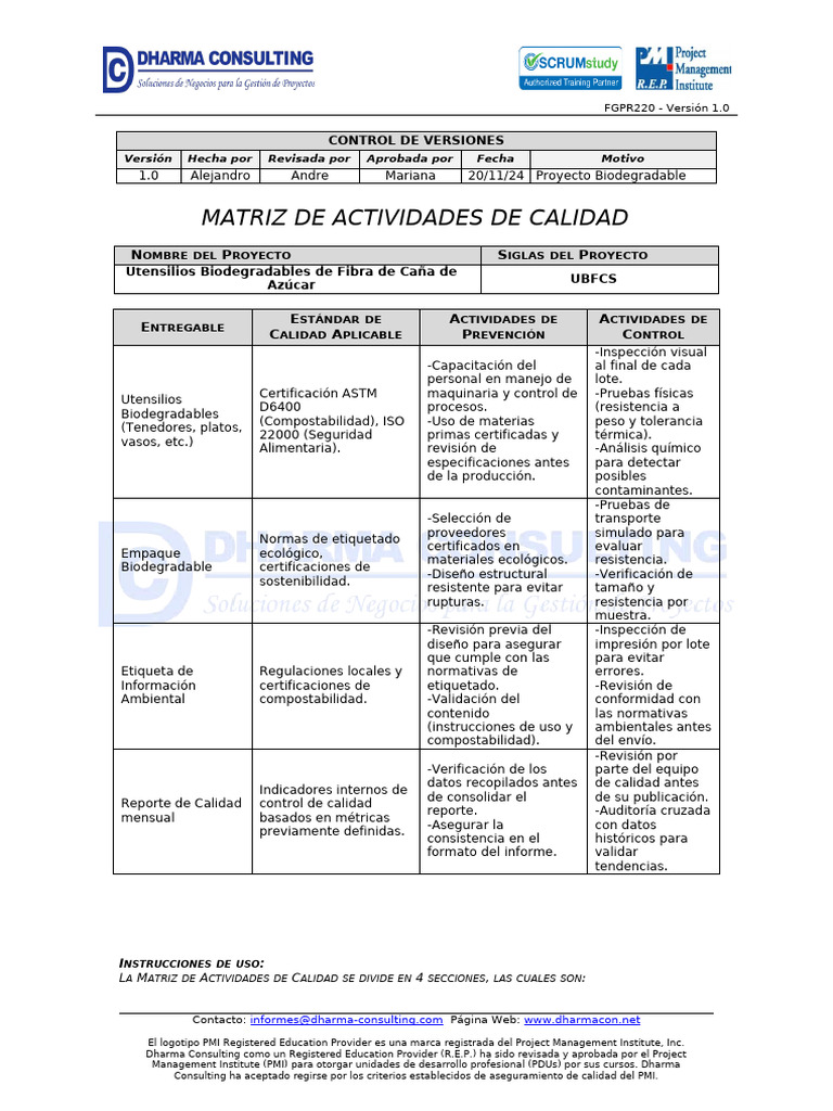 FGPR_220_06 - Matriz de Actividades de Calidad | PDF