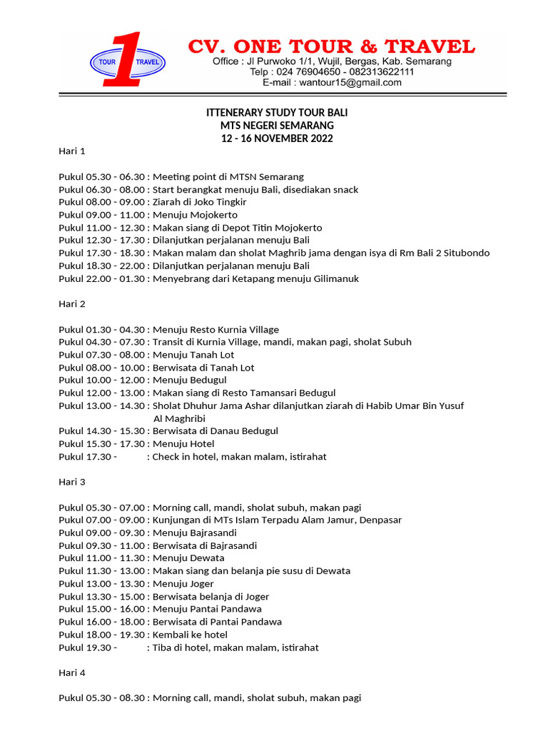 Schedule Perjalanan Zarkasi MTSN Semarang | PDF