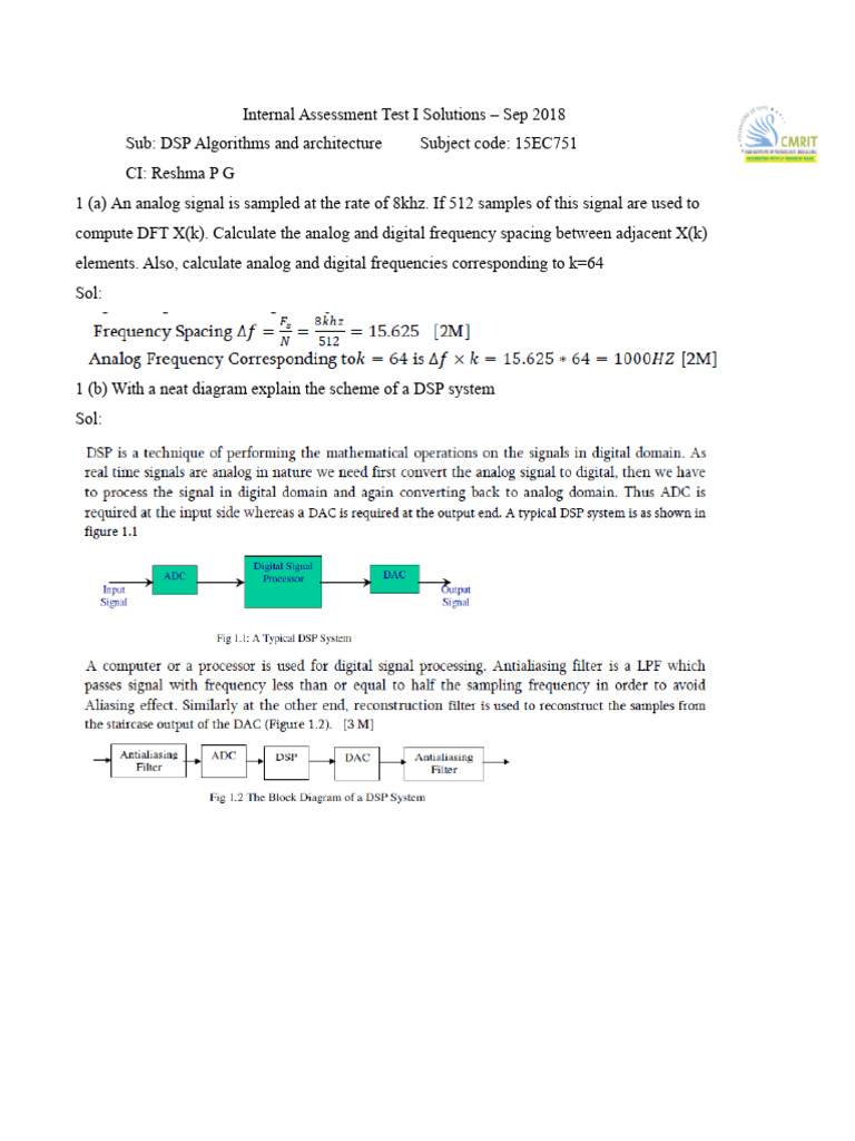 IAT - I Question Paper With Solution of 15EC751 DSP Algorithms and Architecture Sep-2018 - Ms ...
