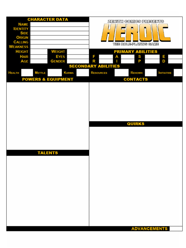 ZCP HEROIC CHARACTER SHEET v3 Colour Fillable | PDF
