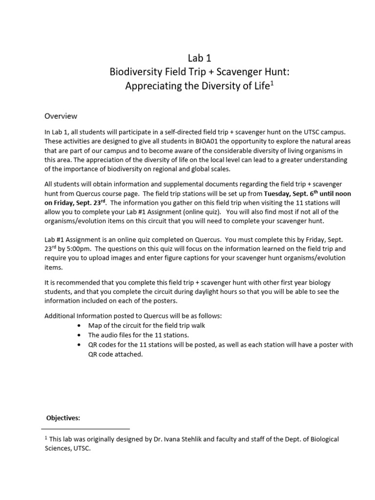 BIOA01 Lab 1 Field Trip + Scavenger Hunt F2022 | PDF | Adaptation