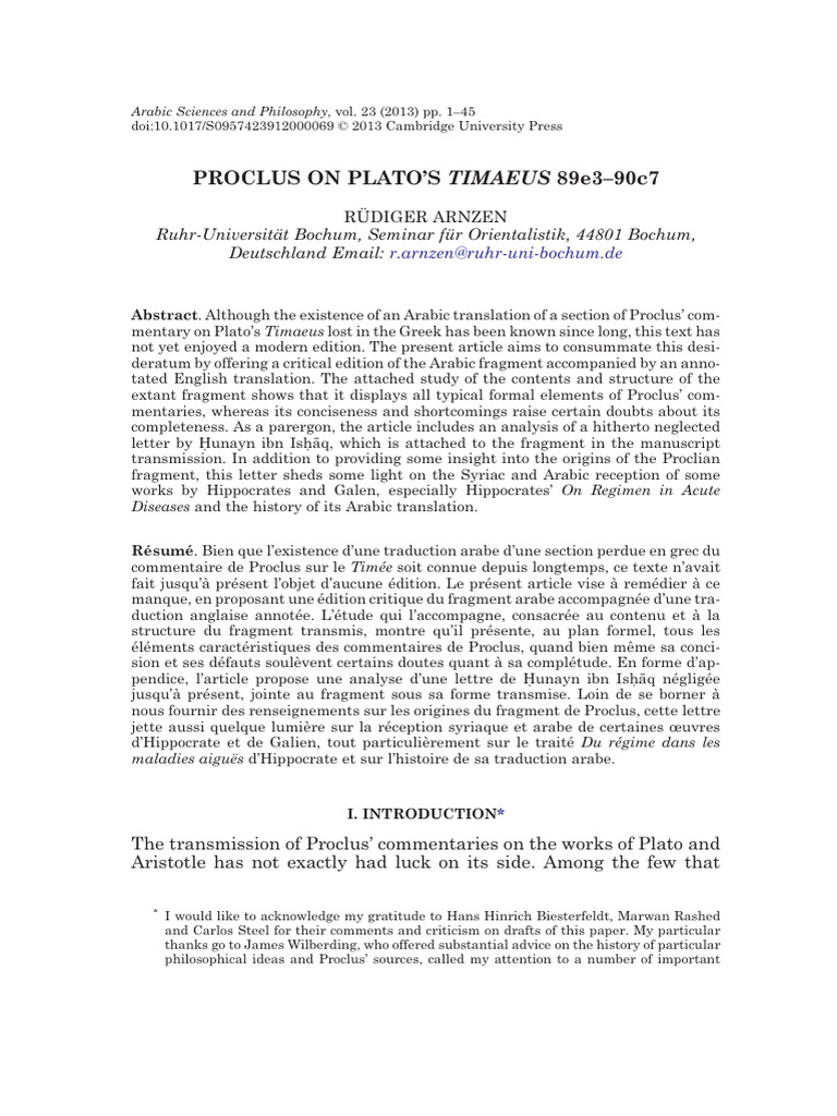 Arabic Proclus - On Timaeus | PDF | Plato